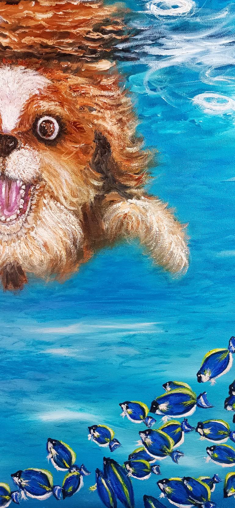 Cheerful dog dives for a ball in the sea in the Maldives Painting by ...