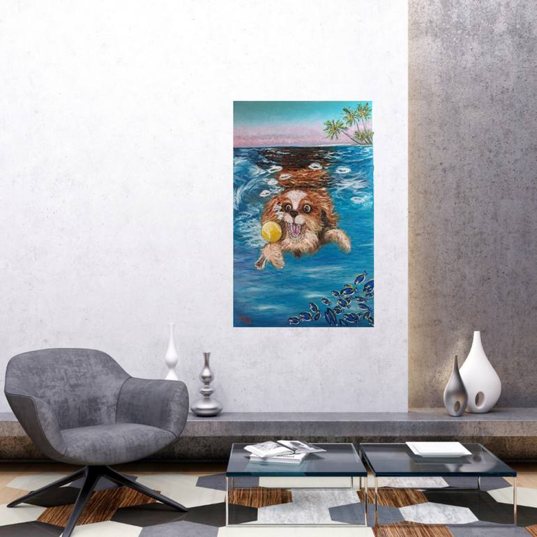Cheerful dog dives for a ball in the sea in the Maldives Painting by ...