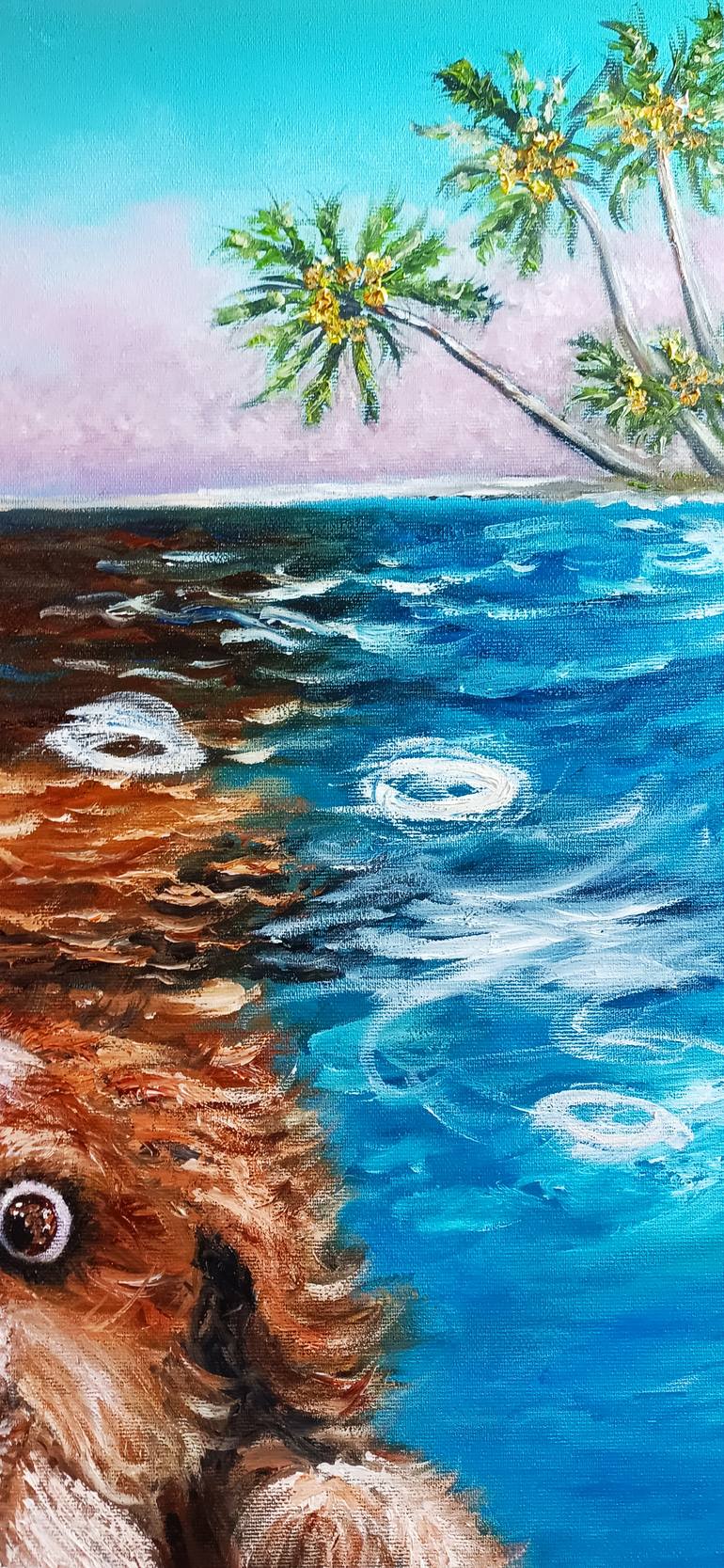 Cheerful dog dives for a ball in the sea in the Maldives Painting by ...