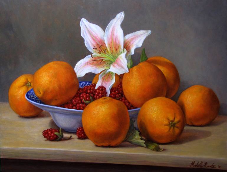 Still Life with Lily and Oranges Painting by Michelle Ranta | Saatchi Art