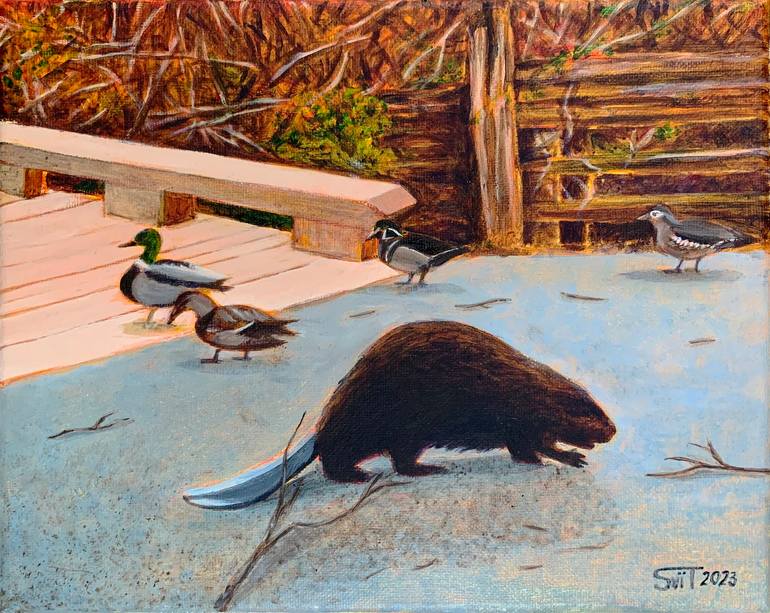 Beaver and ducks Painting by Svitlana Tetokina | Saatchi Art