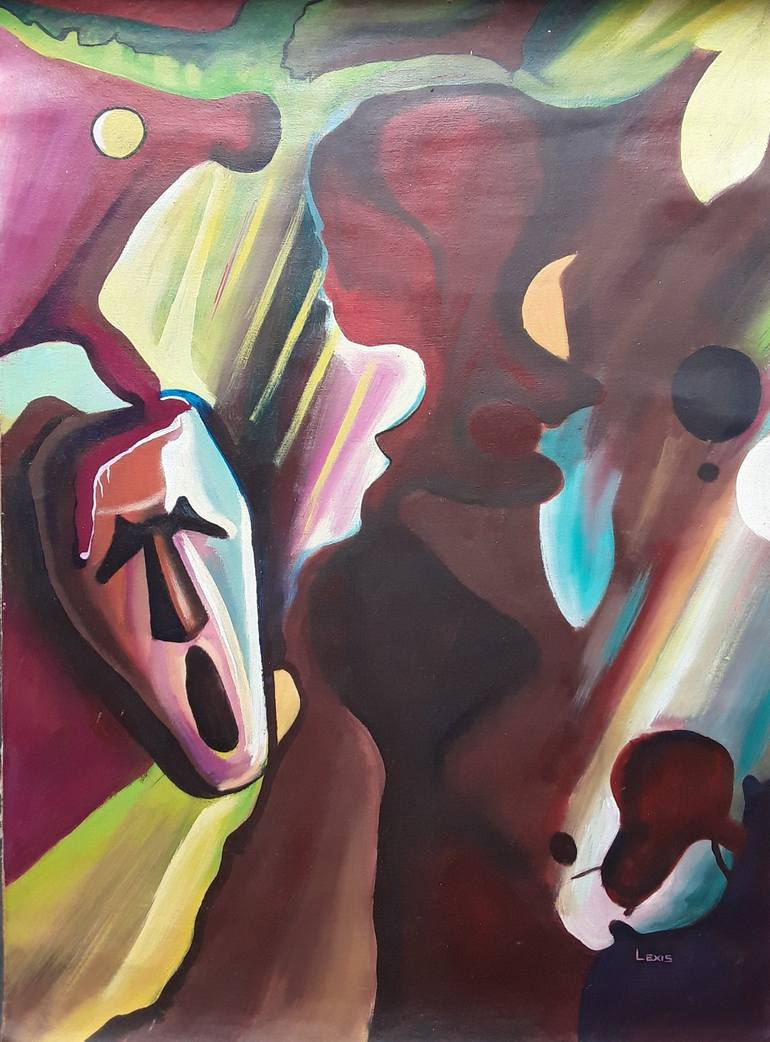 African Mask, Abstract African painting Painting by Alex Mensah ...