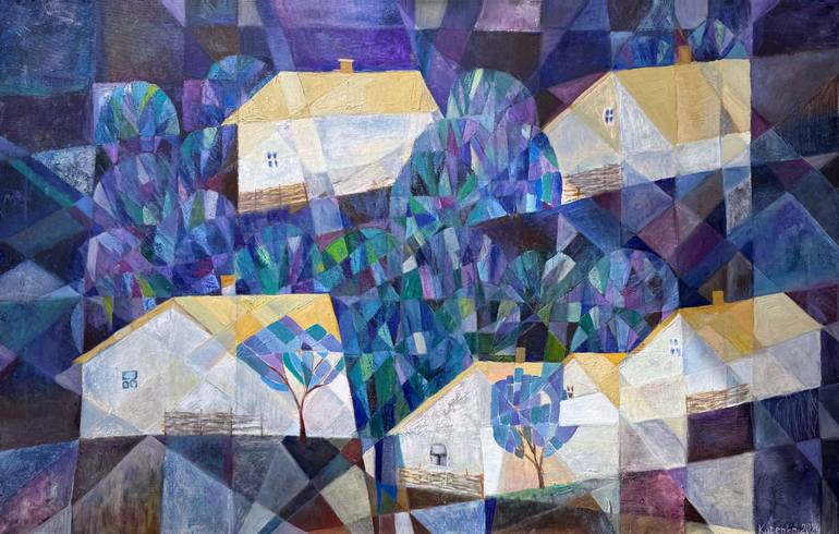 Village Night – Cubist Oil Painting, Rural Landscape Painting by Iuliia ...