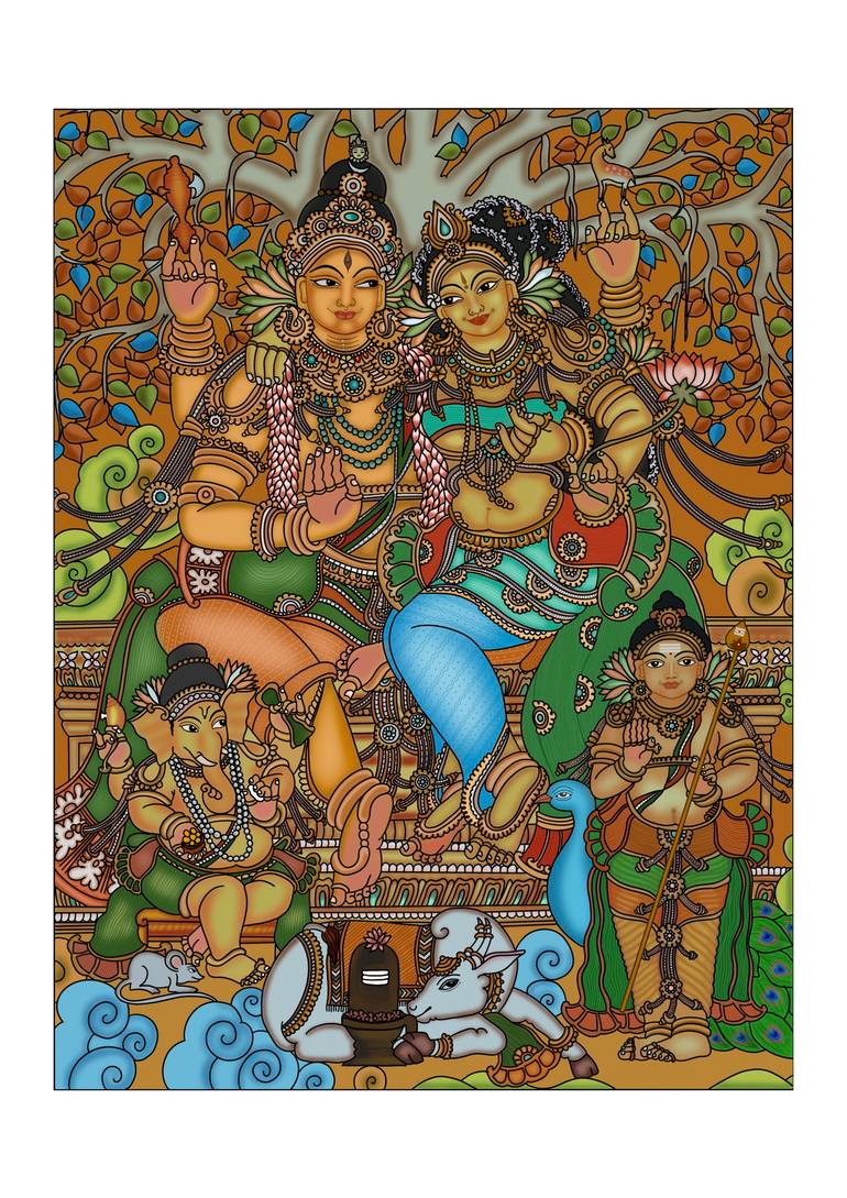 Kerala Mural - Shiva, Parvati, Ganesh and Karthikeya Digital by Preethi ...