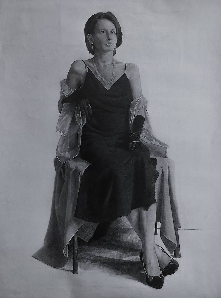 Original art Elegant woman in a black evening dress Drawing by Nadia ...