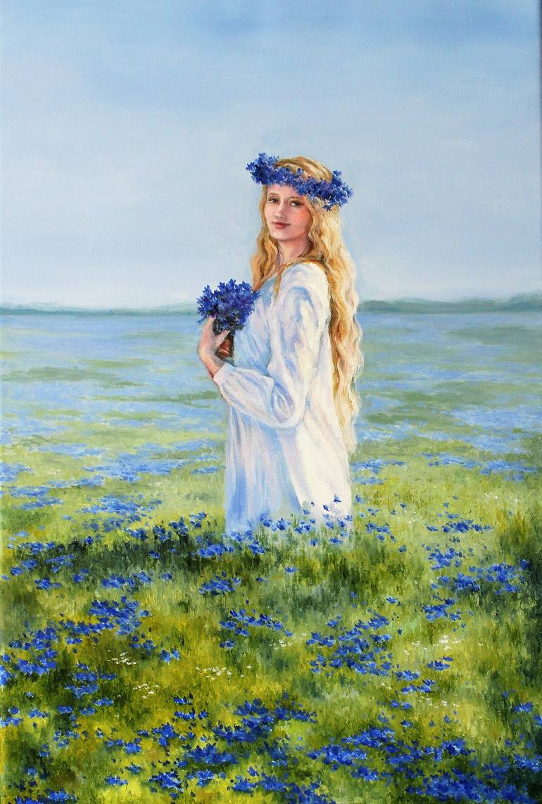 Girl and cornflowers Painting by Svetlana Verisova | Saatchi Art