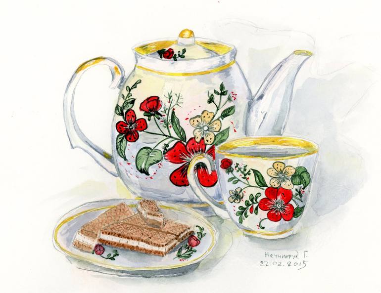 A tea set and waffles Painting by Halyna Nechyporuk | Saatchi Art