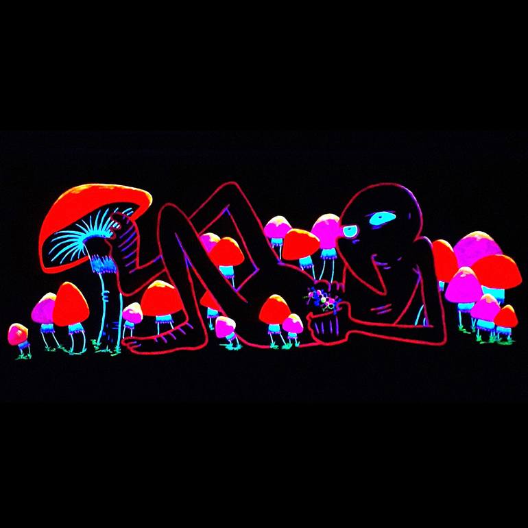 Alien in a Mushroom Forest Painting by Gill Kingsley | Saatchi Art