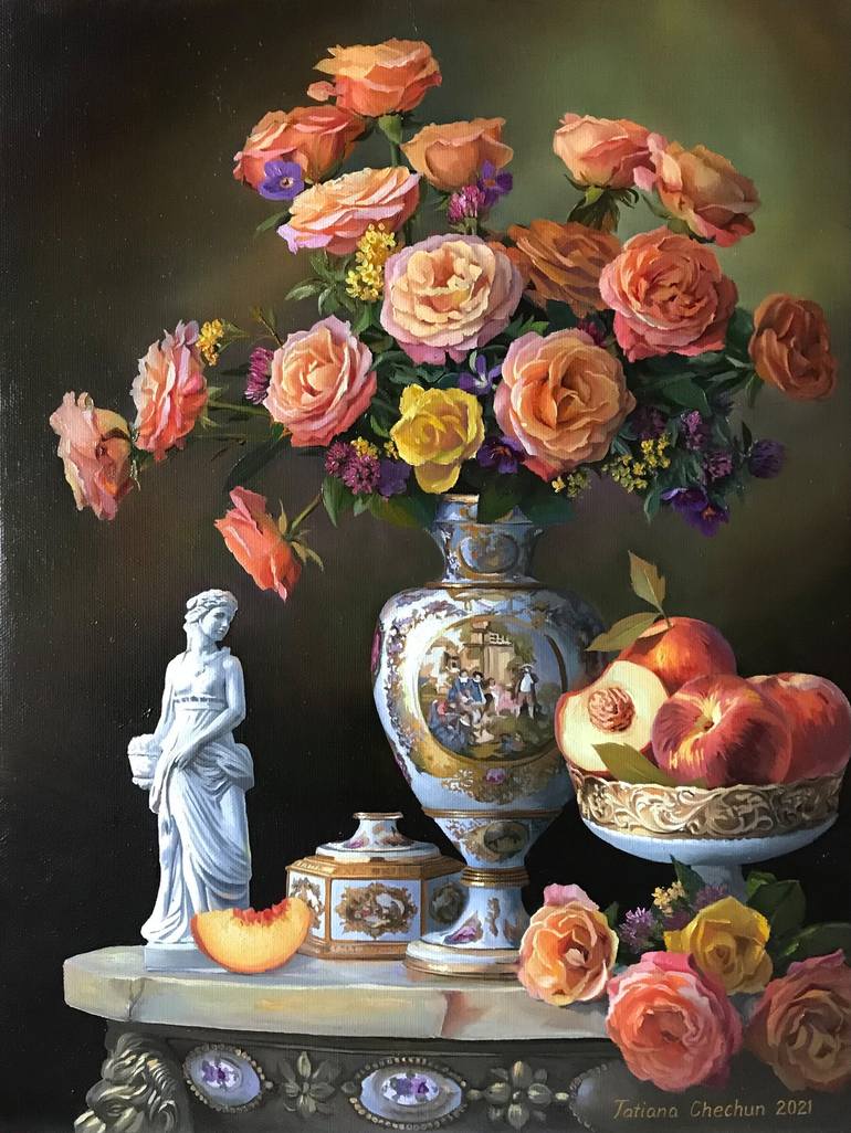 Still life with roses Painting by Tatjana Cechun | Saatchi Art