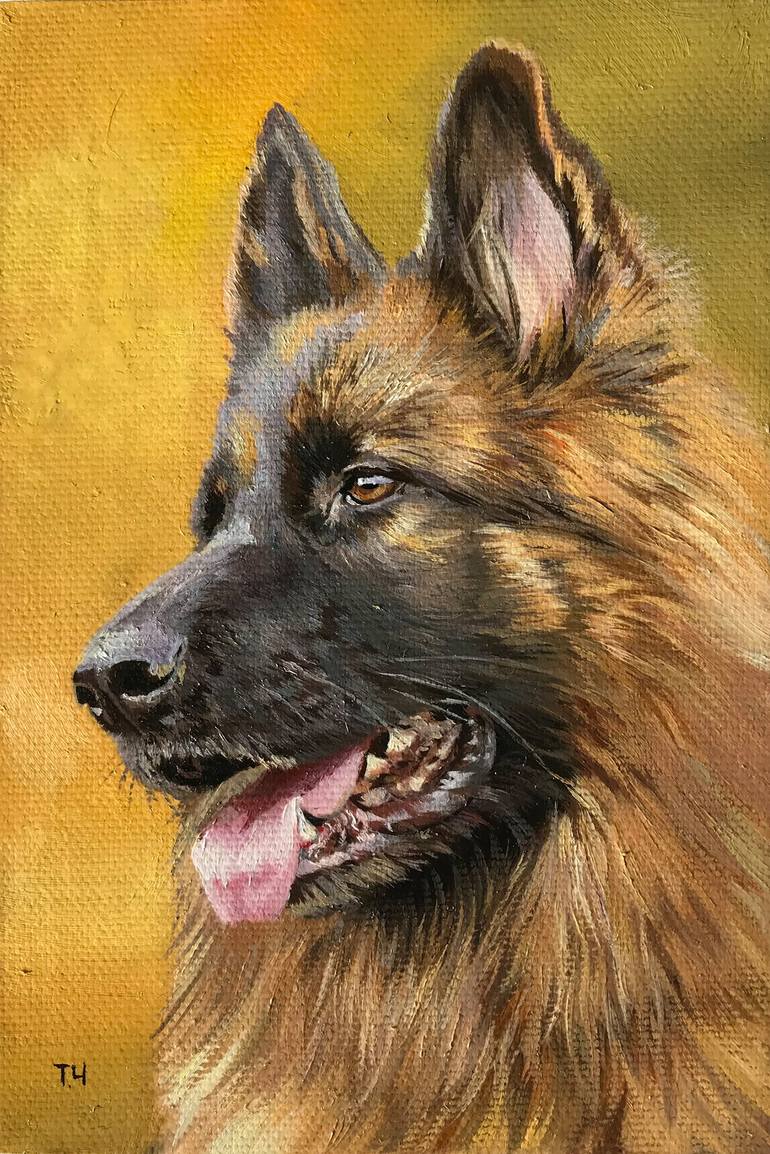 Miniature German Shepherdon a yellow background Painting by Tatjana ...
