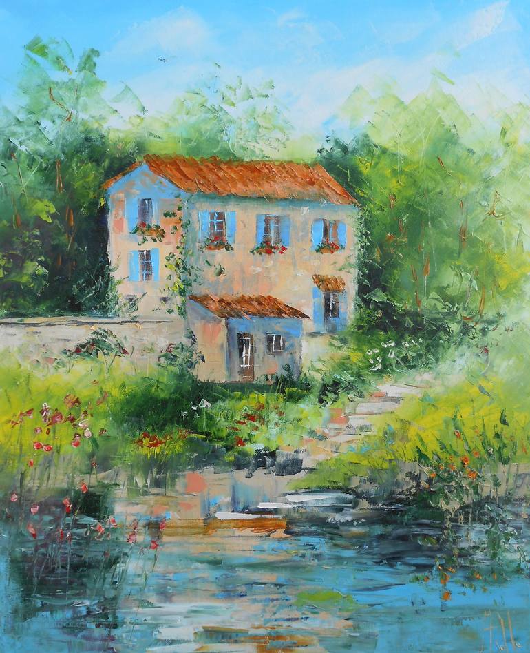 The house with blue shutters Painting by Axelle BOSLER | Saatchi Art