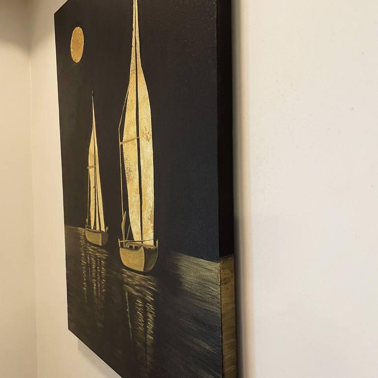 Handmade Black and Gold Sail Boats Painting. Luxurious Art Painting by ...