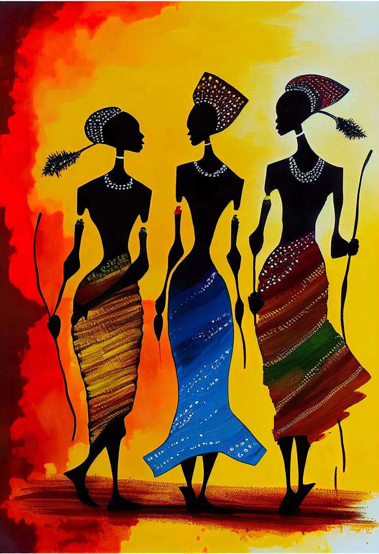 Serengeti's Triad of Grace – African Tribal Art Painting by Mohammed ...