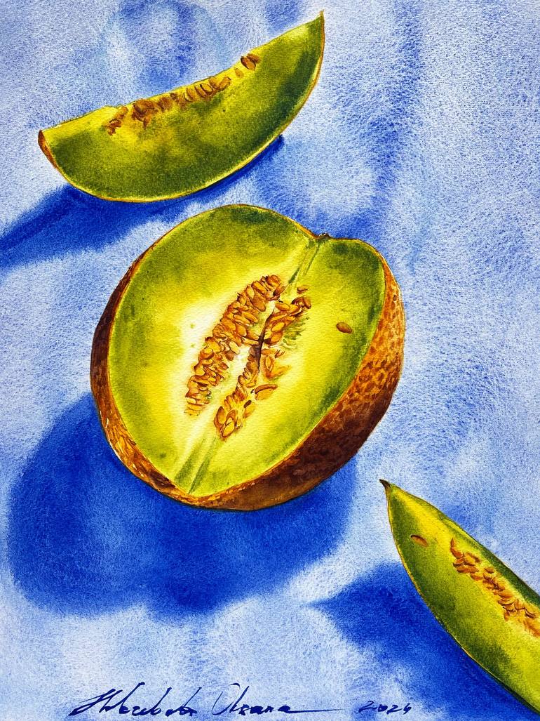 Melon in Ultramarine - yellow melon watercolor painting Painting by ...