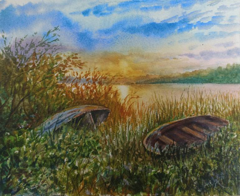 landscape with boats Painting by Maxim Kargin | Saatchi Art