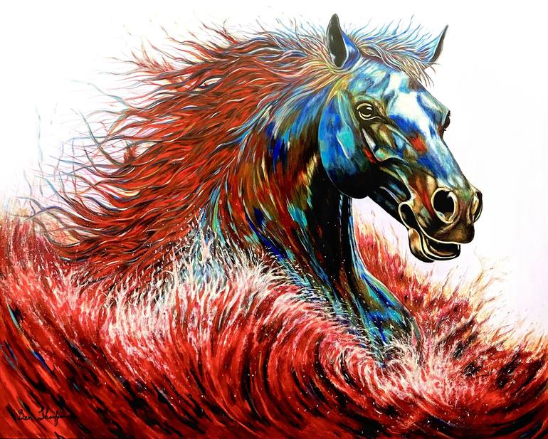 Abstract horse Portrait with acrylics on a large gallery canvas ...