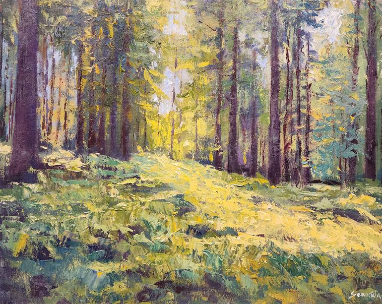 Green Sunlit Forest Painting by Xcel Gallery | Saatchi Art