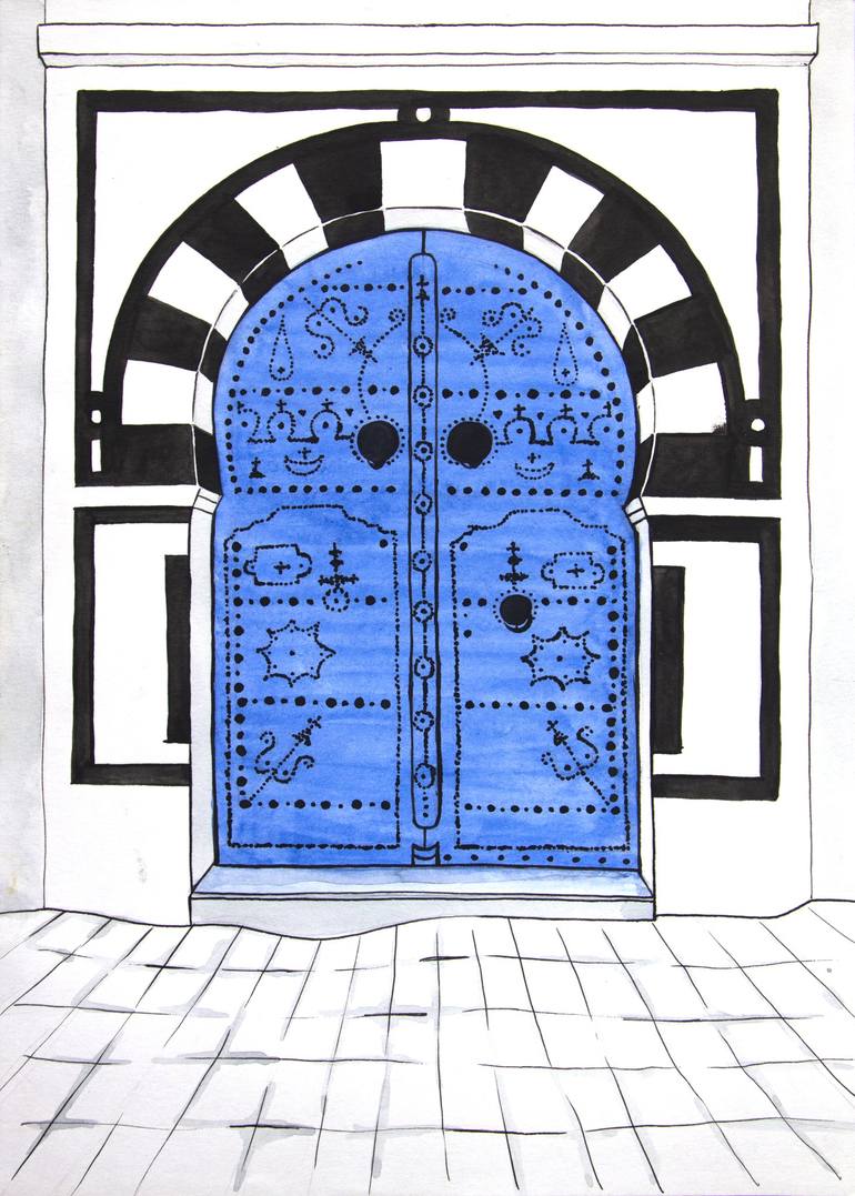 The door in the town of Sidi Bousaid Drawing by Tatiana Khrebtova ...