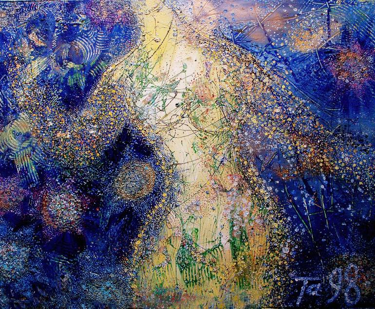 Woman in love. Light yellow female figure in navy blue landscape ...