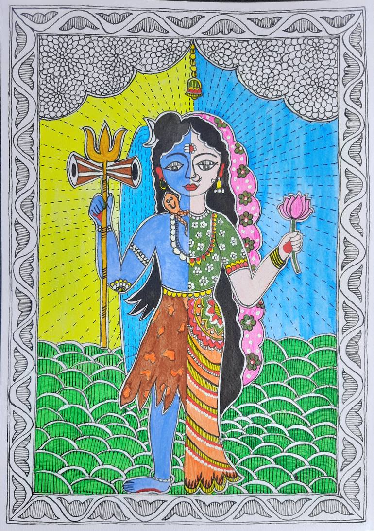 Ardhanarishwara: Tantrik Style Madhubani Painting Painting by Charul ...