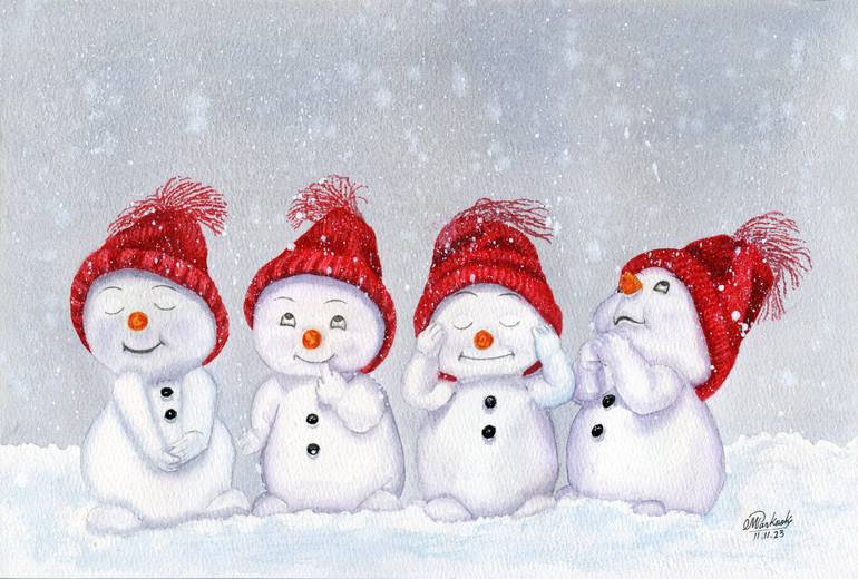 Adorable Snowmen, The Christmas Cheers Painting by Mo Parkook | Saatchi Art