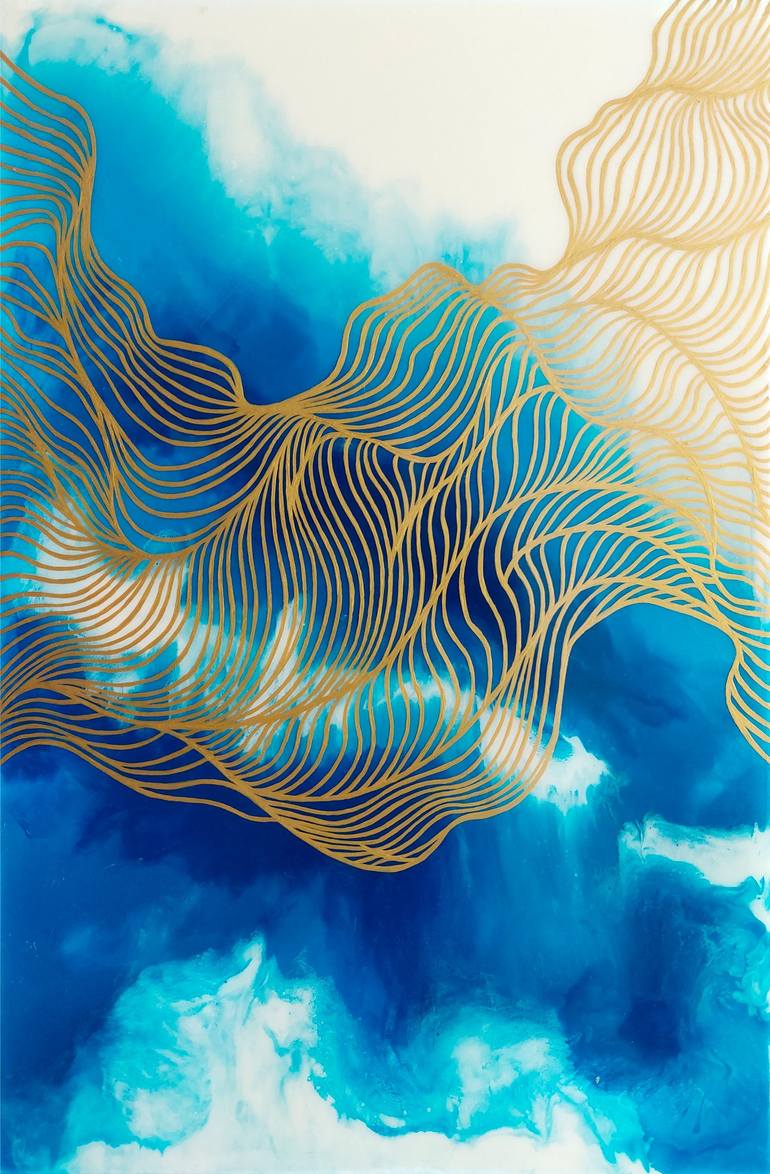 Fluid Art, Abstraction, golden, blue color. Drawing by Alena Aksenova ...