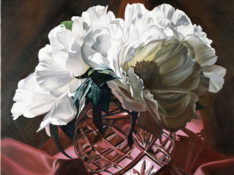 White Peonies on Red Painting by Barbara K Buer | Saatchi Art
