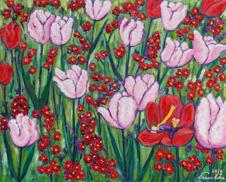The Big Prince in Tulip Field Painting by Erion Cha | Saatchi Art