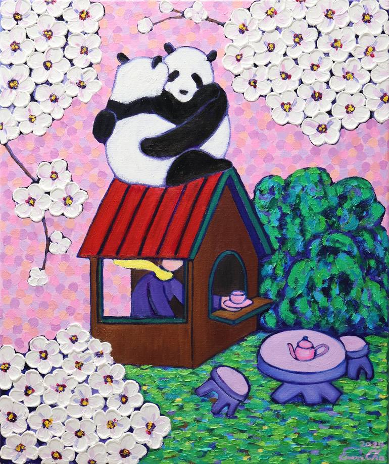 Pandas and Playhouse with Big Prince Painting by Erion Cha | Saatchi Art