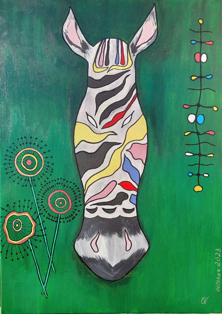 Painting multi-colored zebra on a green background Painting by Vanda ...