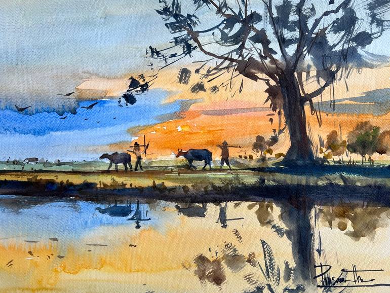 Sunset landscape view Painting by Prasanth KP | Saatchi Art