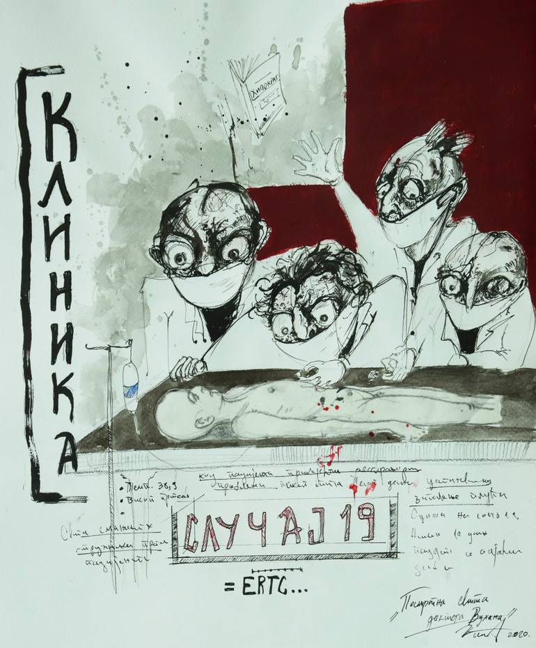 Death entourage of doctor Wuhan Drawing by Nikola Karadeglic | Saatchi Art