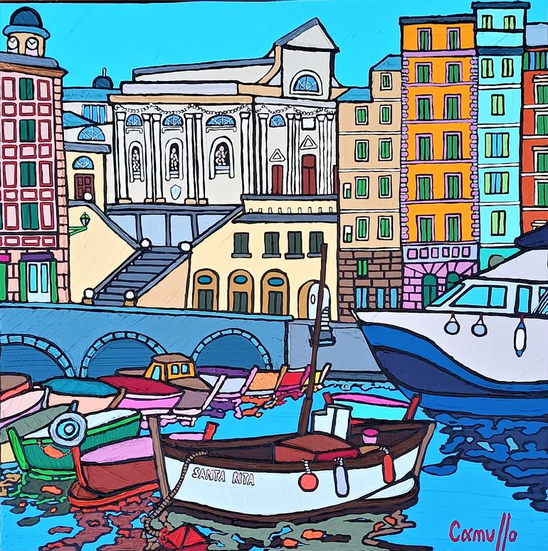 Camogli, porticciolo, case e barche #20 Painting by Michele Camusso ...