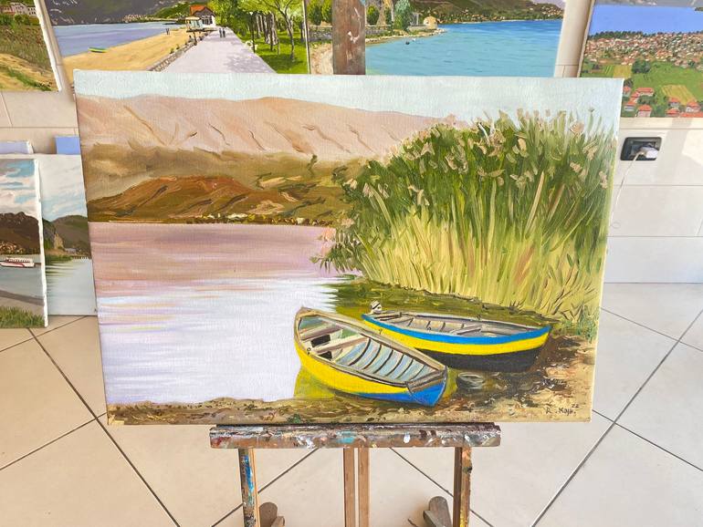 Serenity on the Shores of Lake Ohrid Painting by Artan Kaja | Saatchi Art