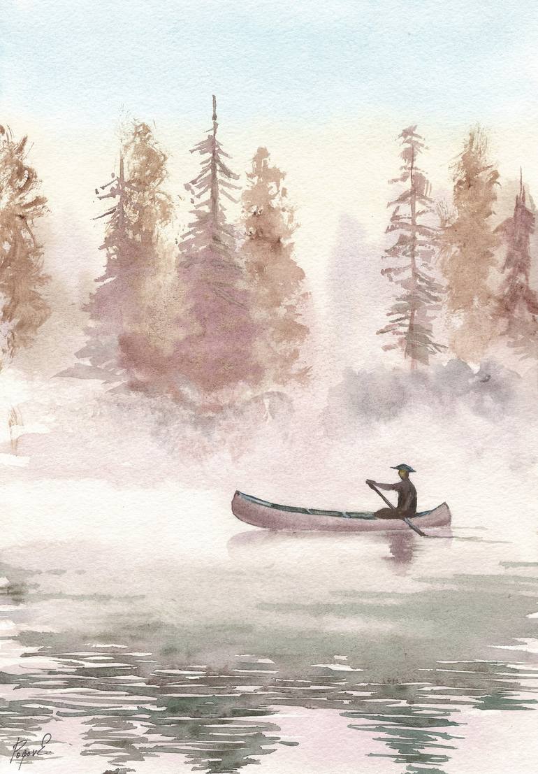Boatman on the river in the morning mist Painting by Eugene Popov ...
