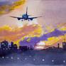 The plane took off at sunset Painting by Eugene Popov | Saatchi Art