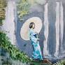 Japanese girl posing near a waterfall with an umbrella Painting by ...