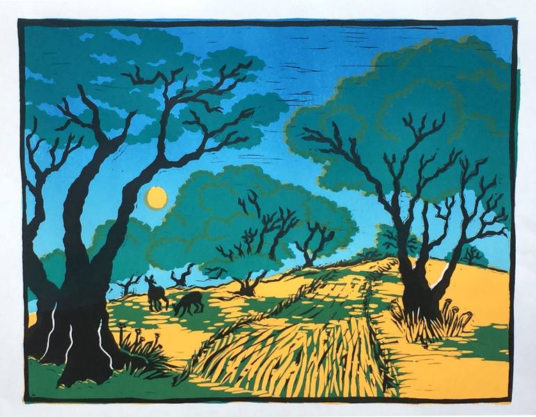 Olive Grove - 5 color linocut limited edition print of 7 Printmaking by ...