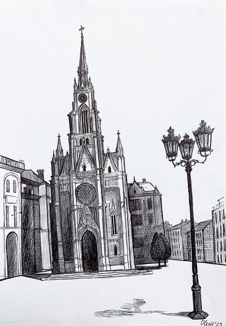 Catholic Cathedral 1 Drawing by Olesia Tolstopiat | Saatchi Art