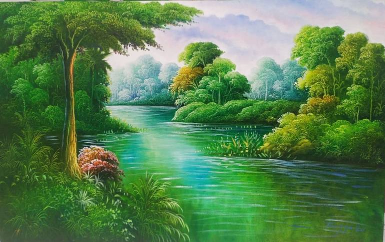 Enchanted Forest Waterscape Painting by Reggy Renaldi | Saatchi Art