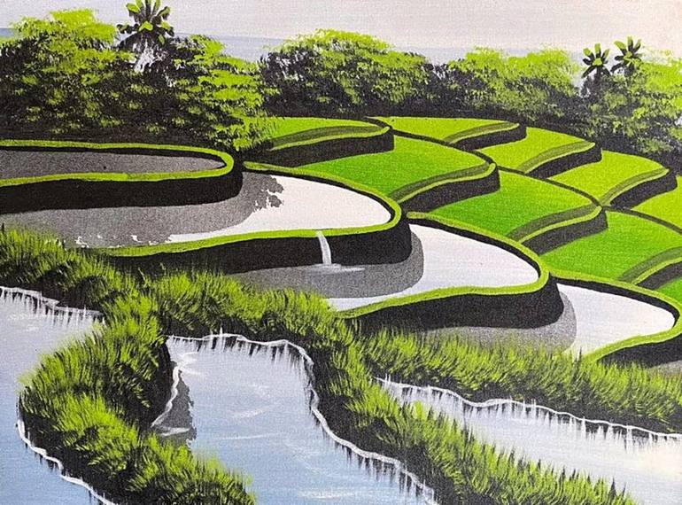 Tranquil Rice Terraces Painting by Reggy Renaldi | Saatchi Art