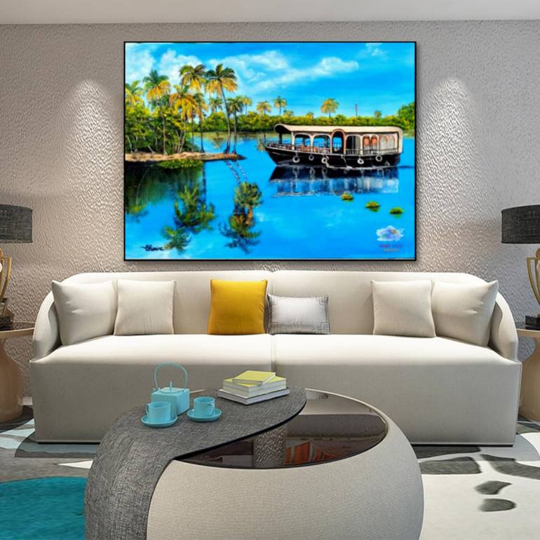 Boat on the lake' handmade beautiful landscape scenery painting ...