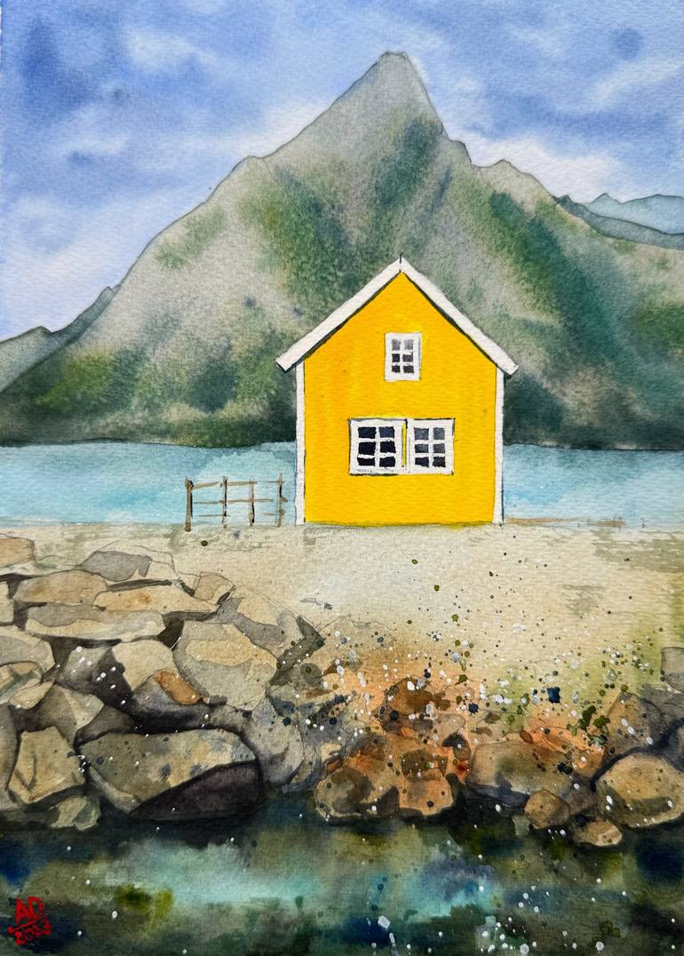 The Yellow Cabin Of Lofoten Islands - original bright travel Painting by Anna Ostapenko ...
