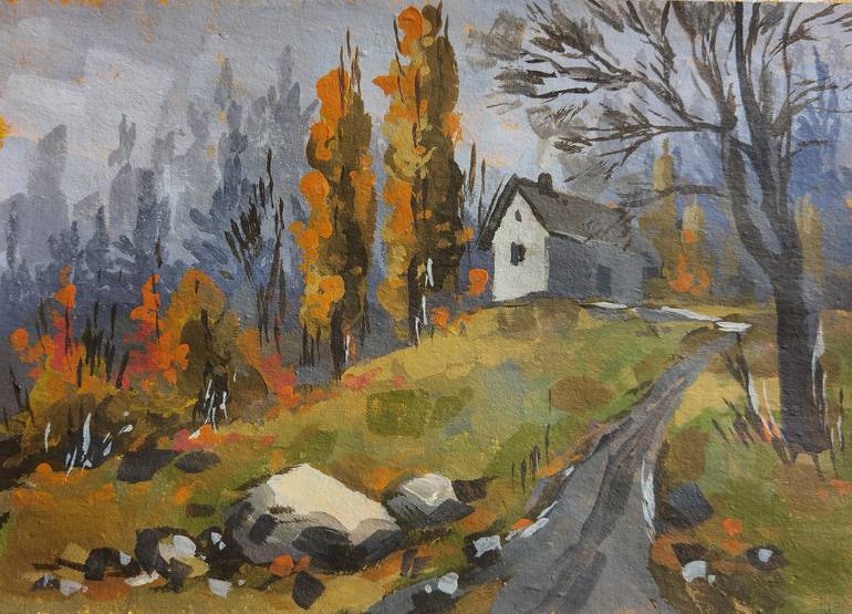 A128 (Autumn landscape with a gray house) Painting by Tony Karbouski ...