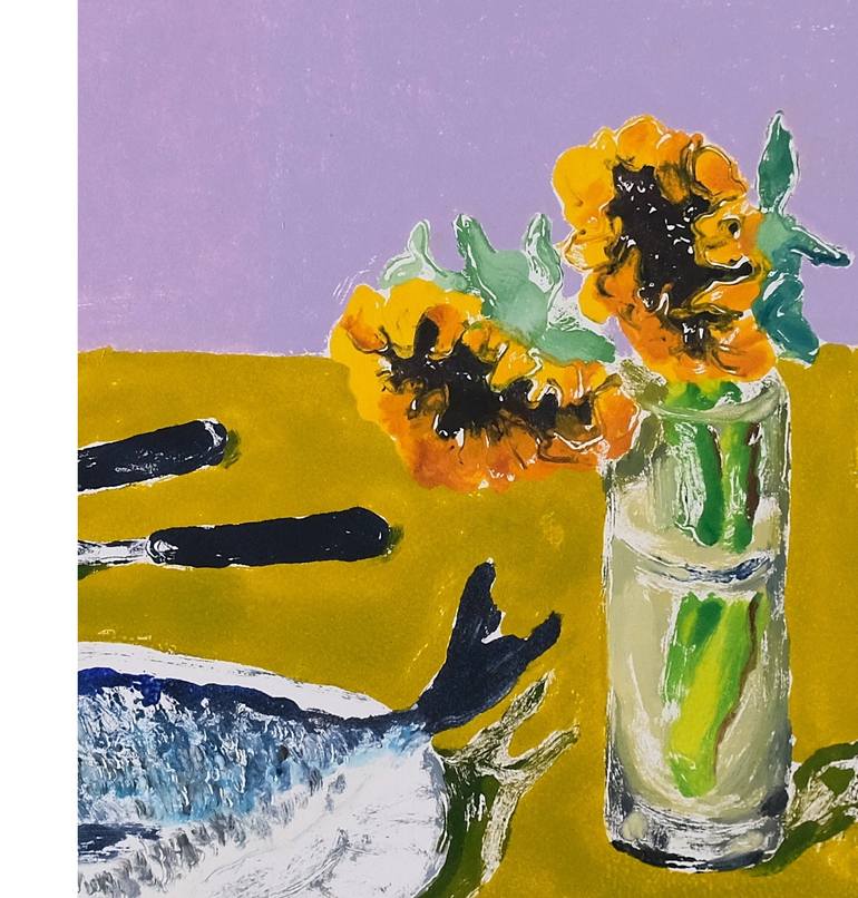 Still life with sunflowers and fish Painting by Anna Barnard | Saatchi Art