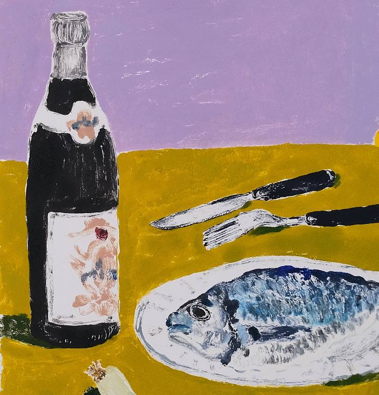Still life with sunflowers and fish Painting by Anna Barnard | Saatchi Art