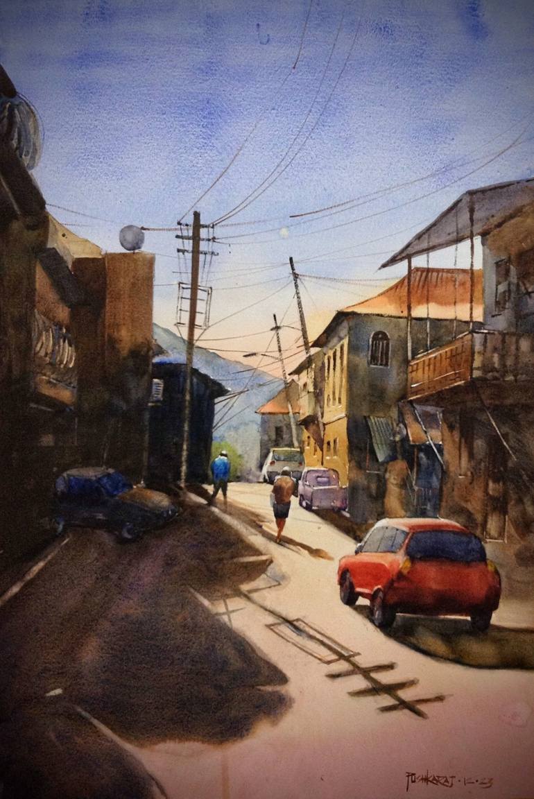 Small Town Lane Painting by Pushkaraj Kowadkar | Saatchi Art