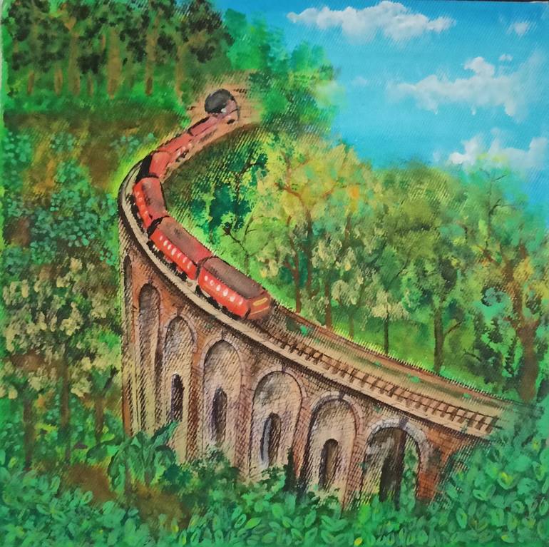 Panoramic view of Ella Nine Arch bridge, Sri Lanka. Painting by Azeeza ...