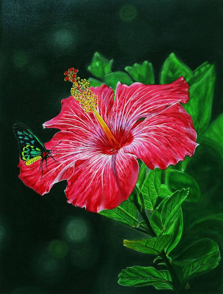 Hibiscus flower and butterflie Painting by sannidha vaitla | Saatchi Art