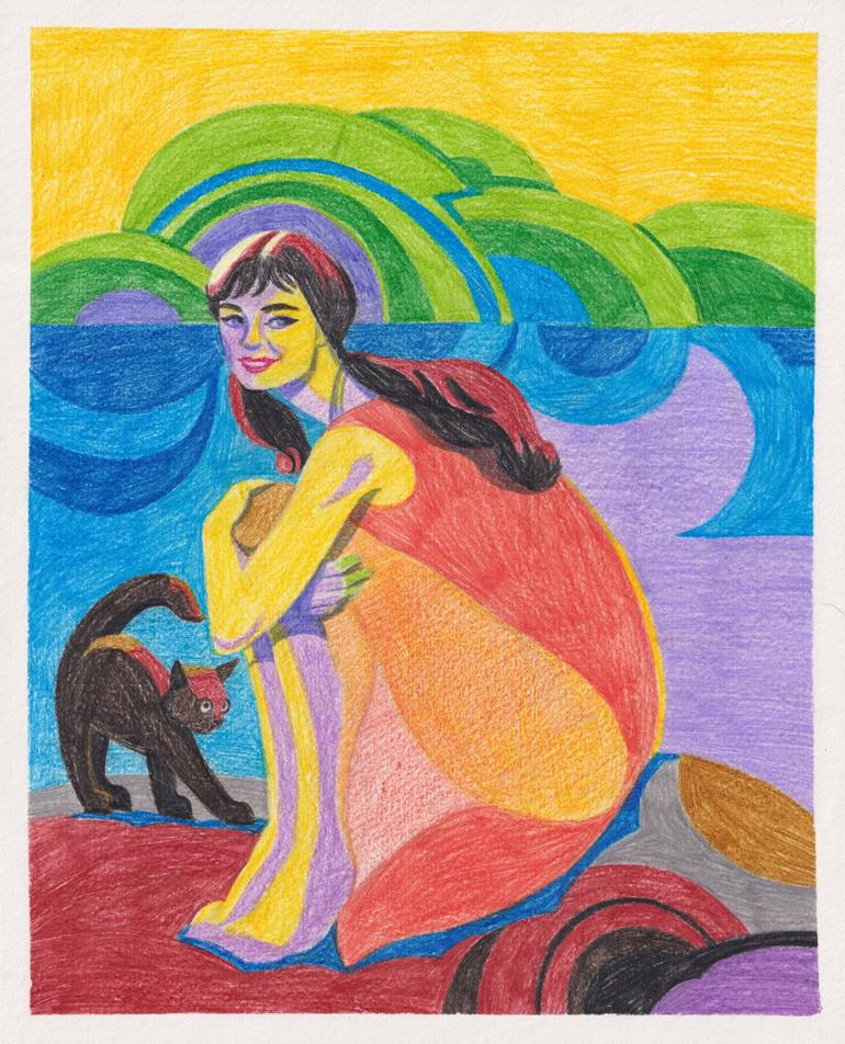 A Girl With A Cat in Orphism Art Movement Drawing by TEJAL PULEKAR ...